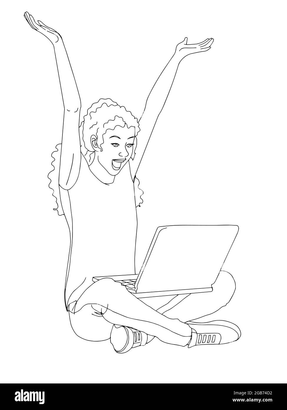 happy young, girl ,sitting , searching with laptop,line drawing Stock ...