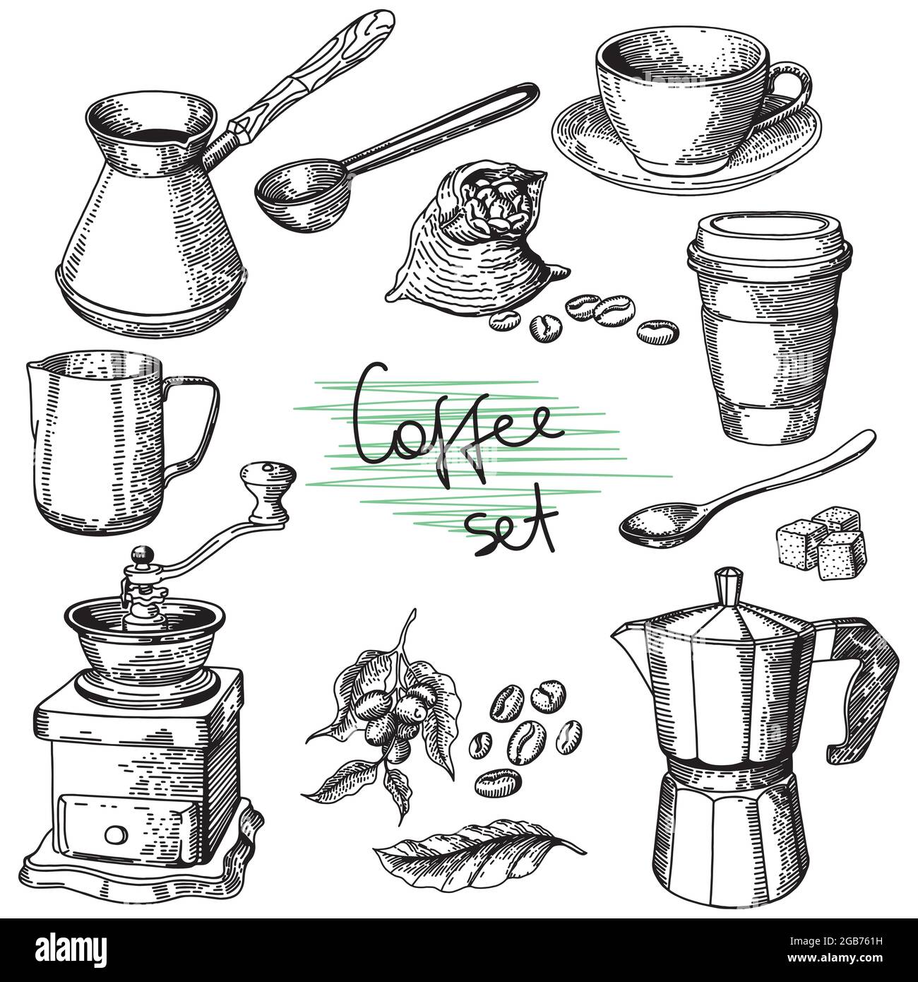 vector set of coffee sketch, freehand drawing, cup, coffee grinder ...