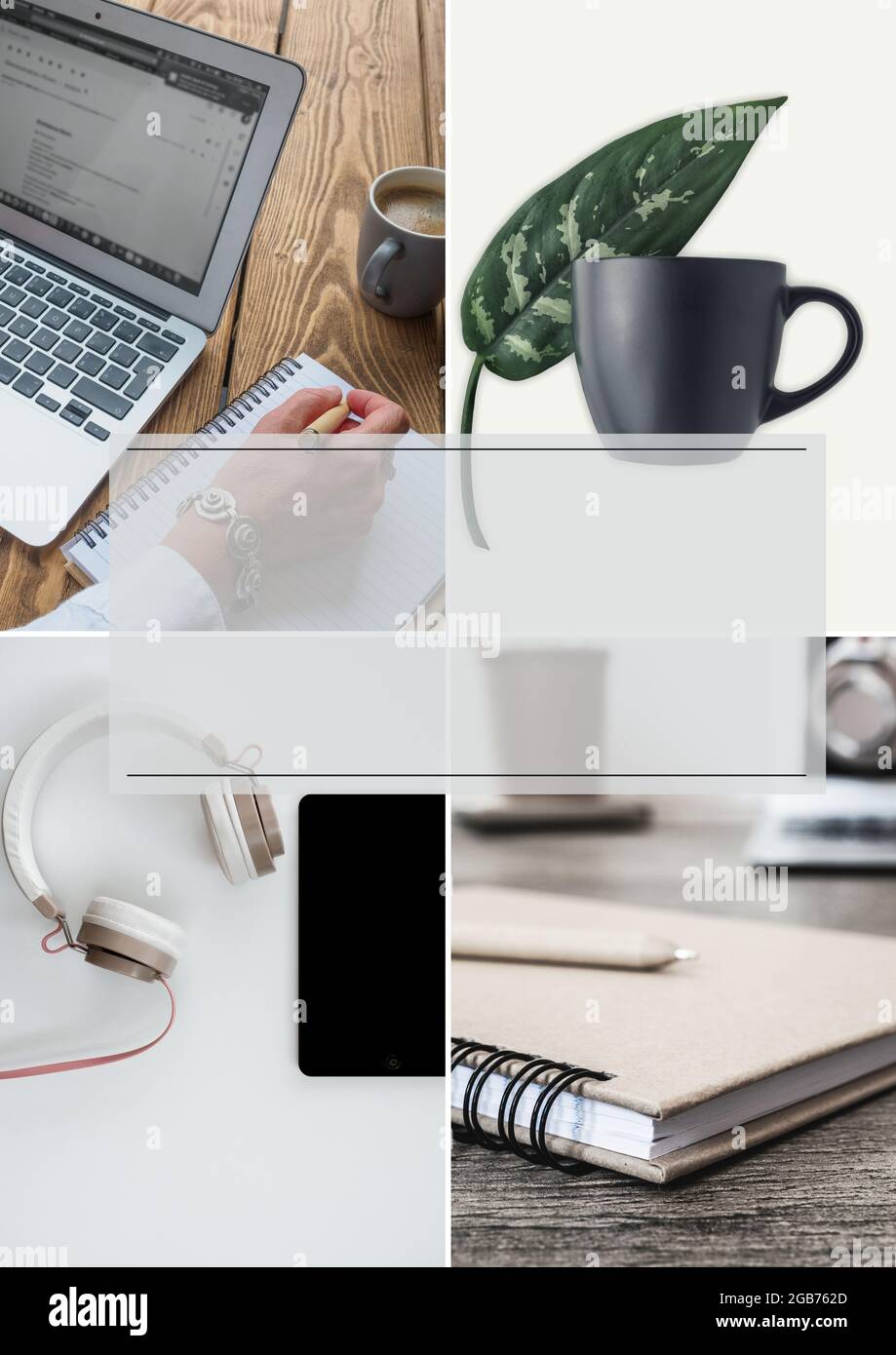 Home office concept. Collage of four images with home office workspace ...