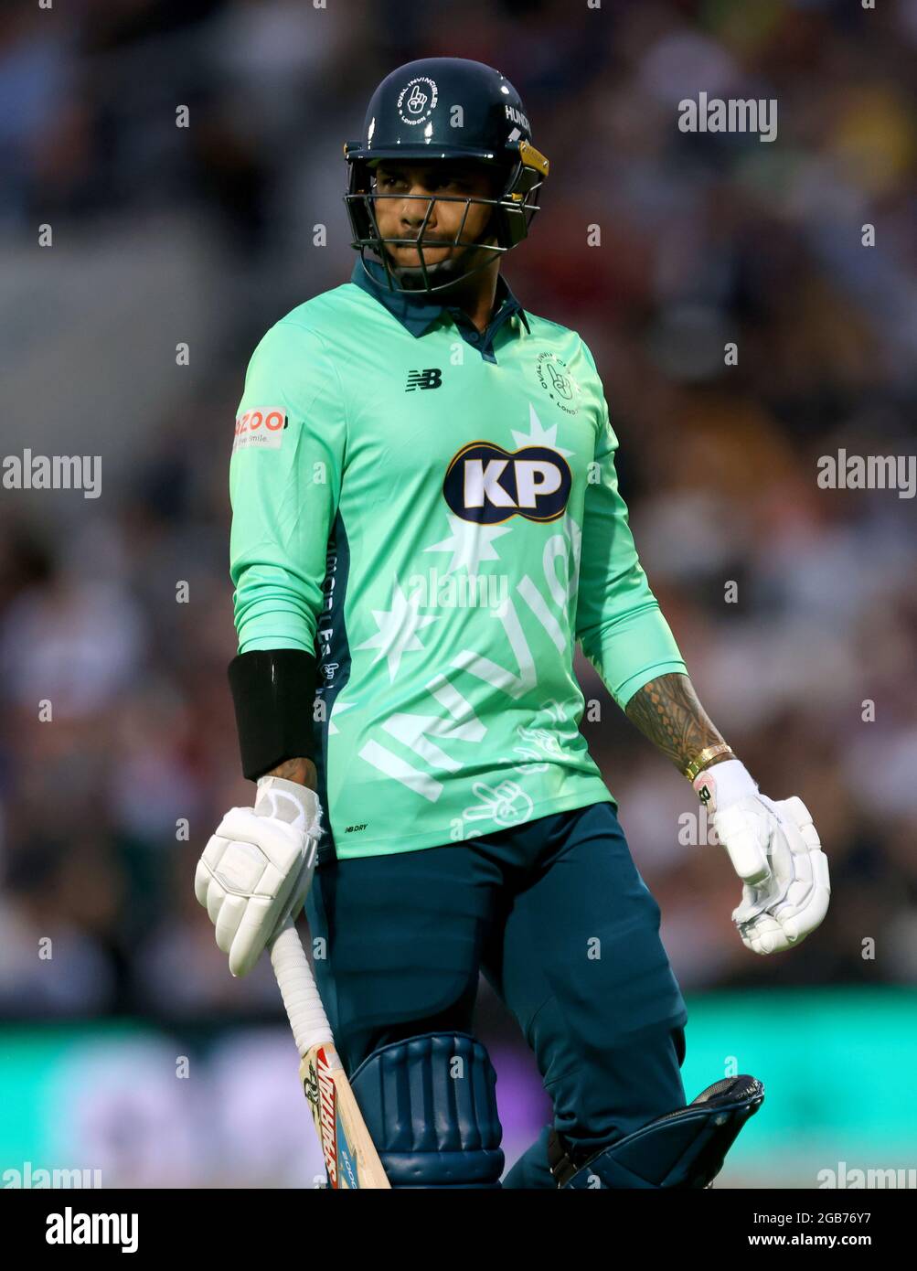 Oval Invincibles' Sunil Narine walks off after being caught and dismissed by Welsh Fire's Matt ...