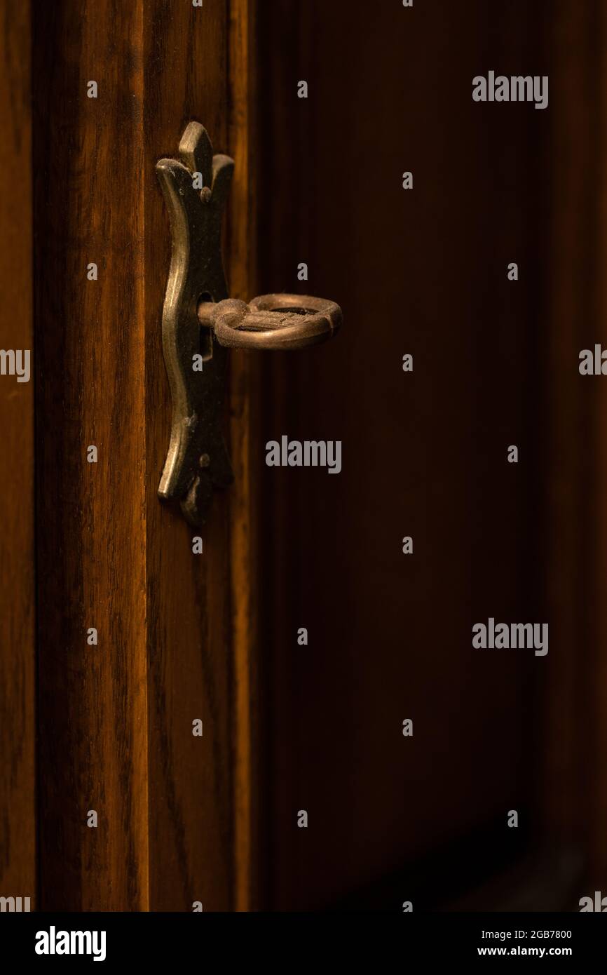 Closeup of Old, Vintage Key in Keyhole on Antique Wood Door Stock Photo ...