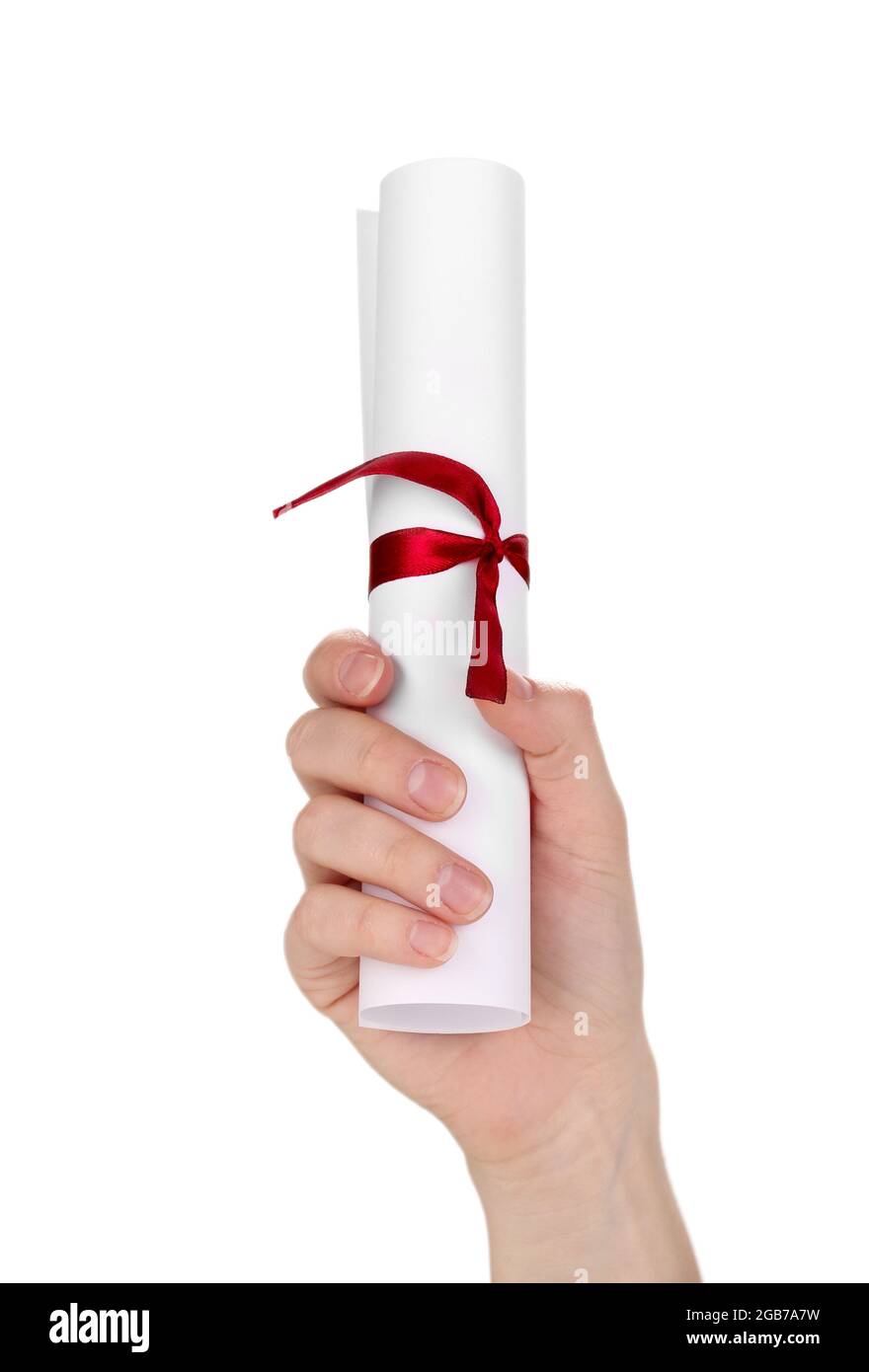 Graduation diploma in hand isolated on white Stock Photo - Alamy
