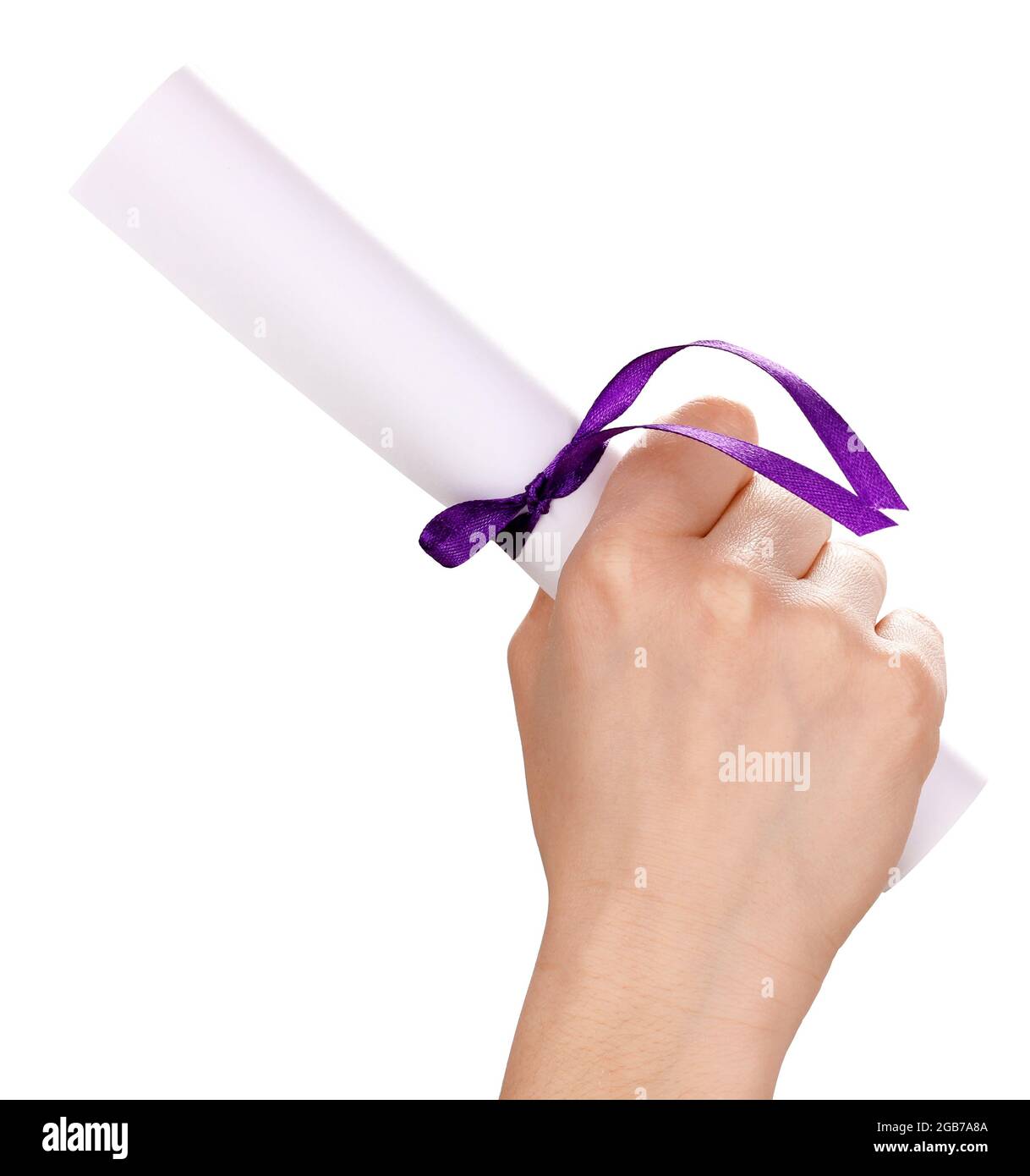 Graduation diploma in hand isolated on white Stock Photo - Alamy