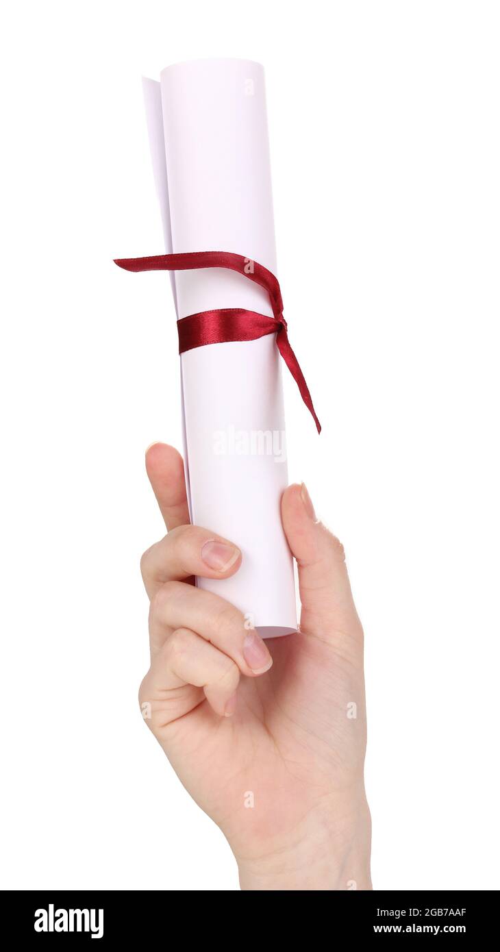 Graduation diploma in hand isolated on white Stock Photo - Alamy