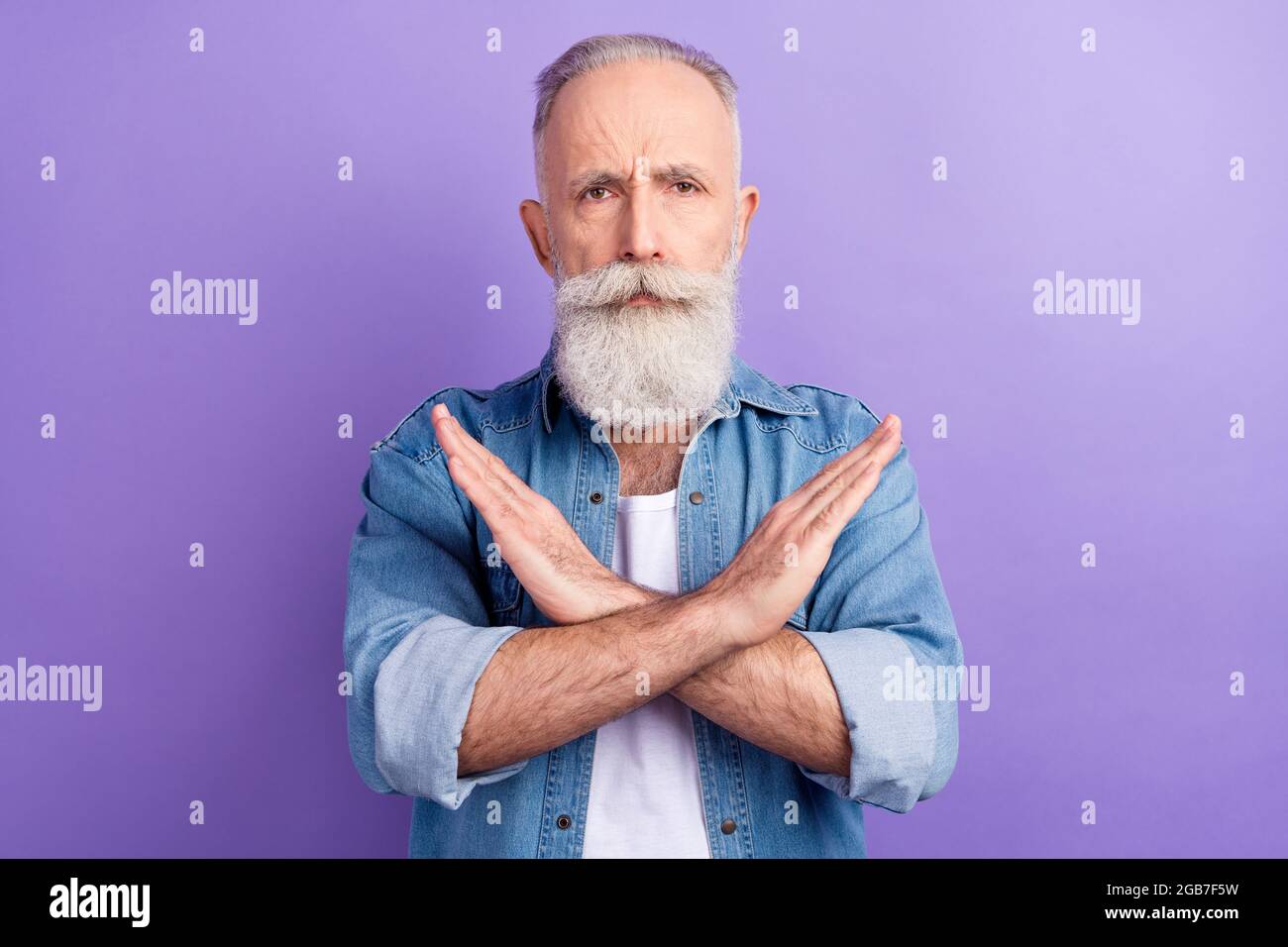 Photo of aged man unhappy sad crossed hands show no stop decline reject ... Photo of aged man unhappy sad crossed hands show no stop decline reject ...