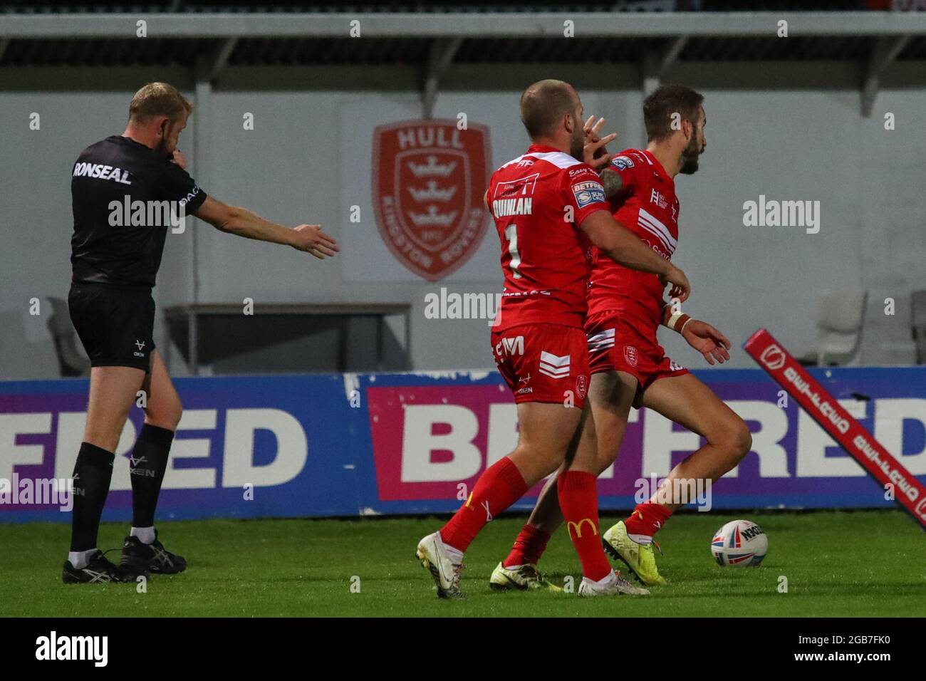 Adam Quinlan (1) of Hull KR is congratulated by Ben Crooks (2) of Hull ...