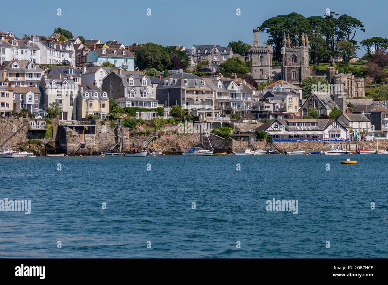 Fowey waterfront and main town featuring Fowey Parish Church ...