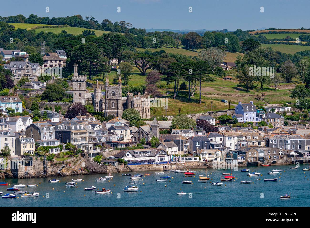 Fowey waterfront and main town featuring Fowey Parish Church ...