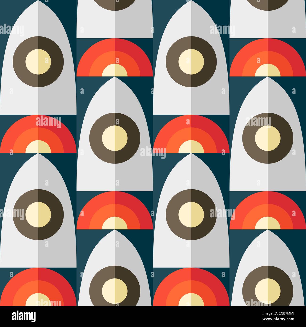 Seamless pattern in mid century retro style. Stylized rockets in simple ...