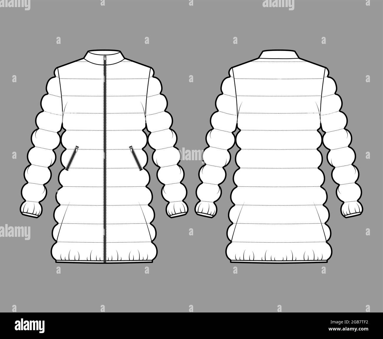 Down puffer coat jacket technical fashion illustration with long ...