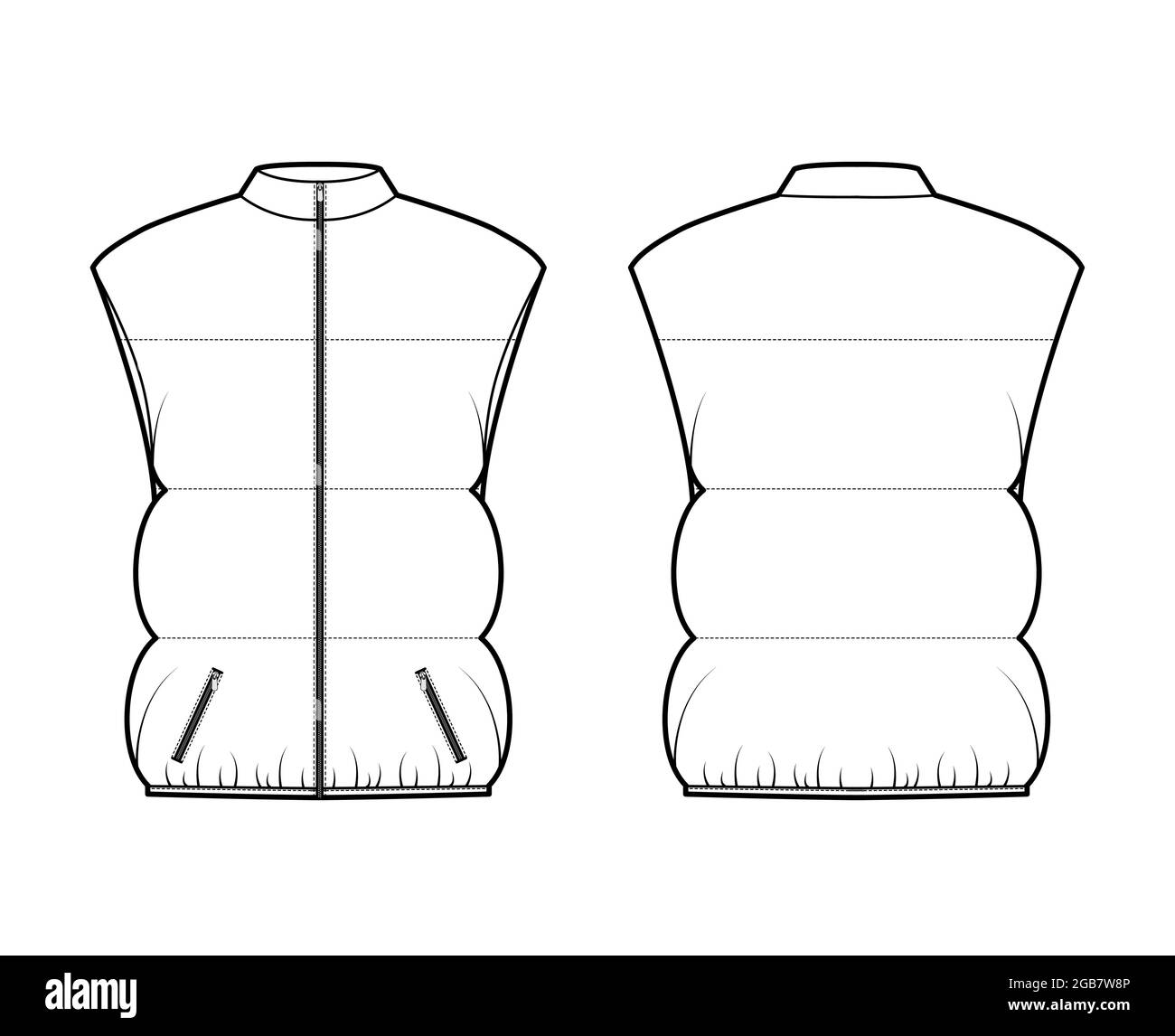 Down vest puffer waistcoat technical fashion illustration with ...