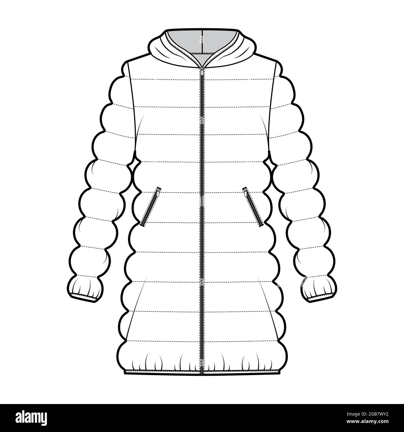 Hooded Jacket Down Puffer Coat Technical Fashion Illustration With Zip