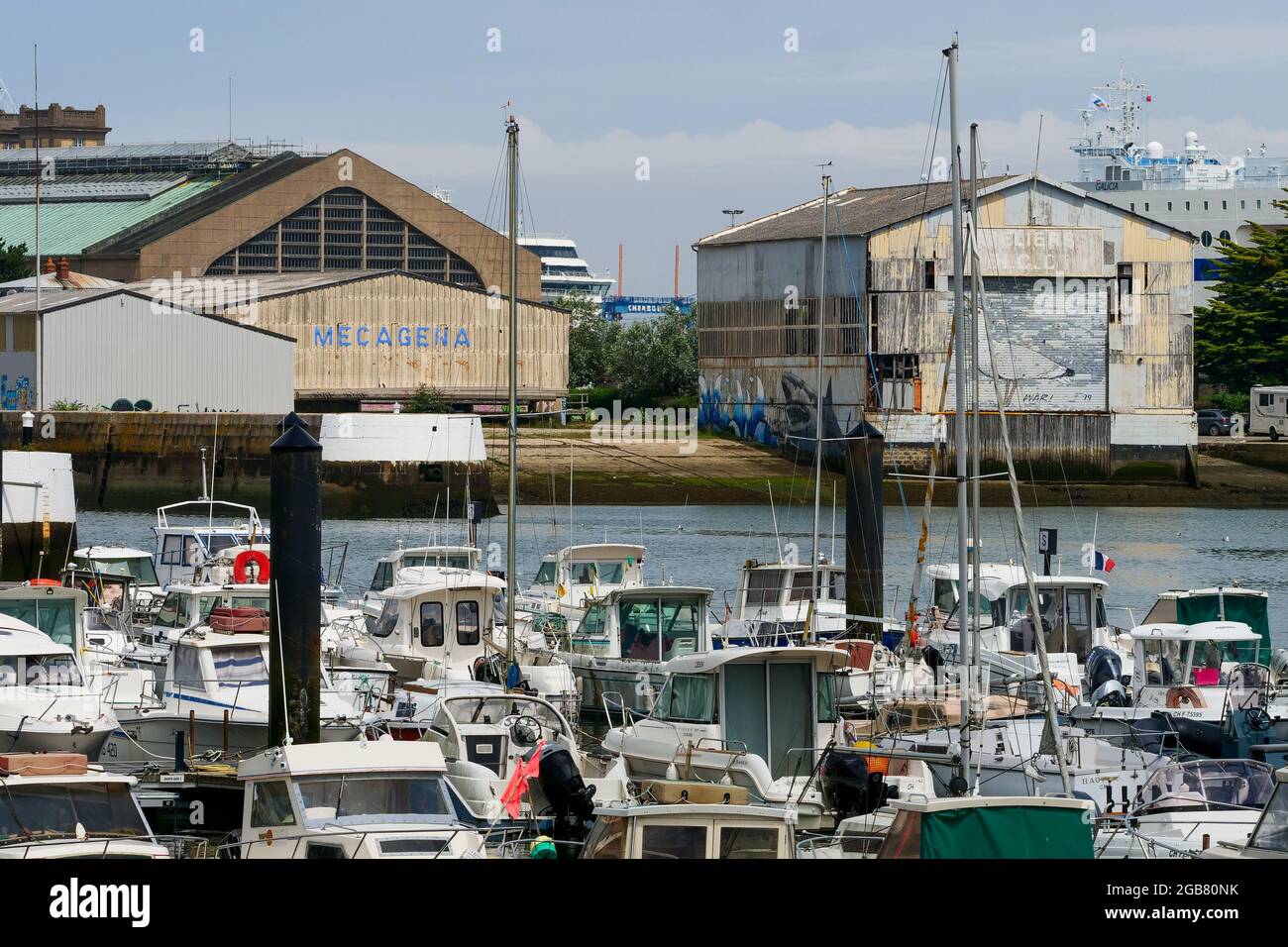 Sailing ships at quay, Cherbourg sailing harbor, Manche department ...