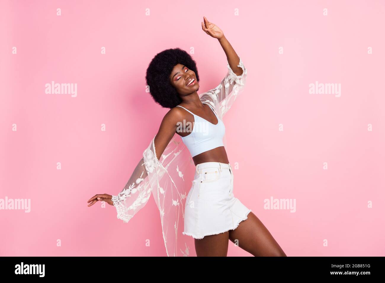 Photo of charming afro amercan happy nice lady dance enjoy summer ...