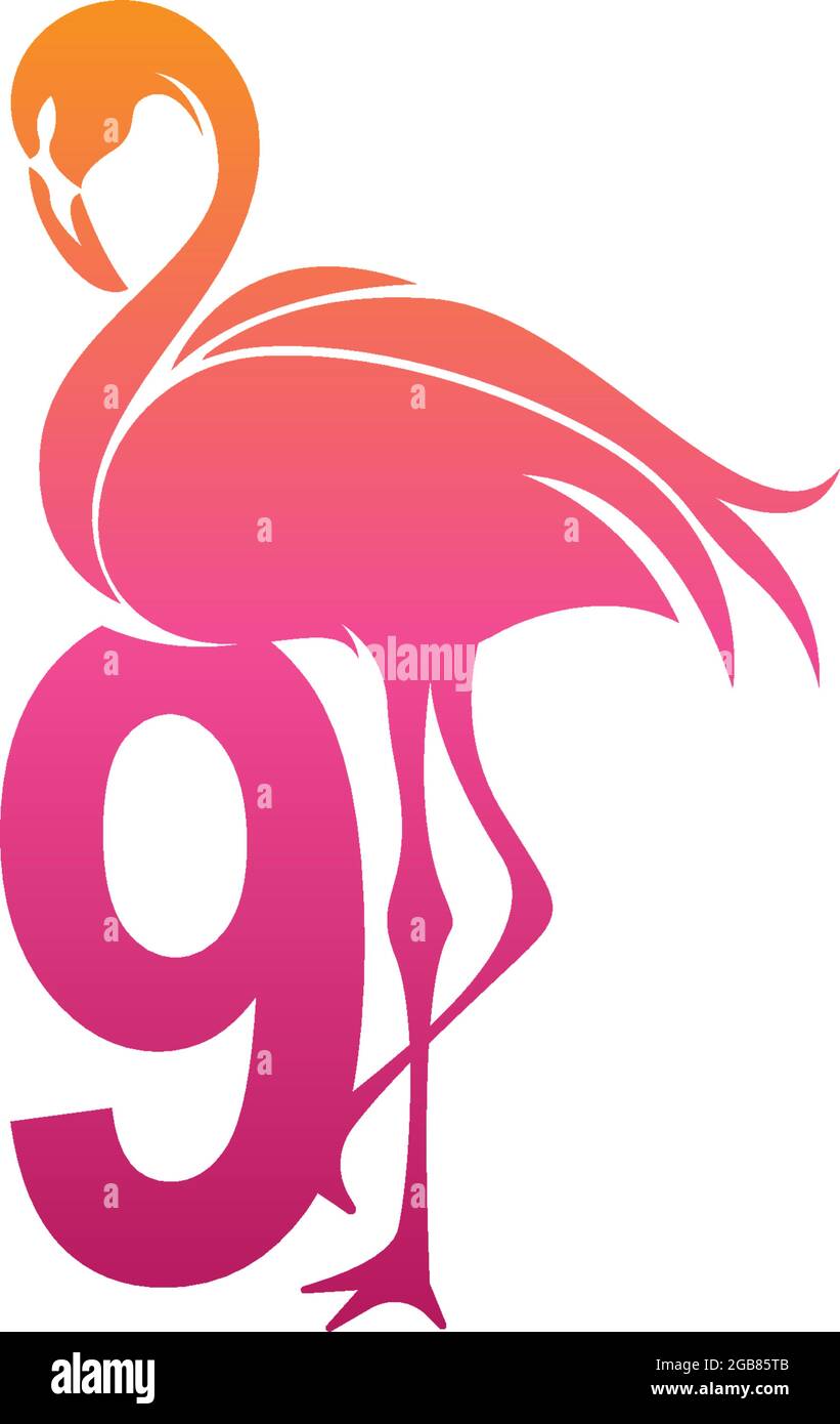 Flamingo bird icon with Number 9 Logo design vector template Stock ...
