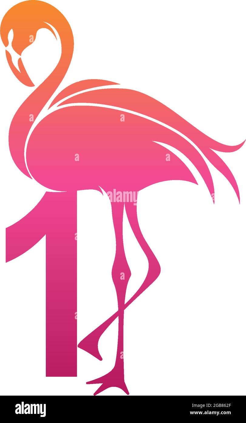 Flamingo bird icon with Number 1 Logo design vector template Stock ...