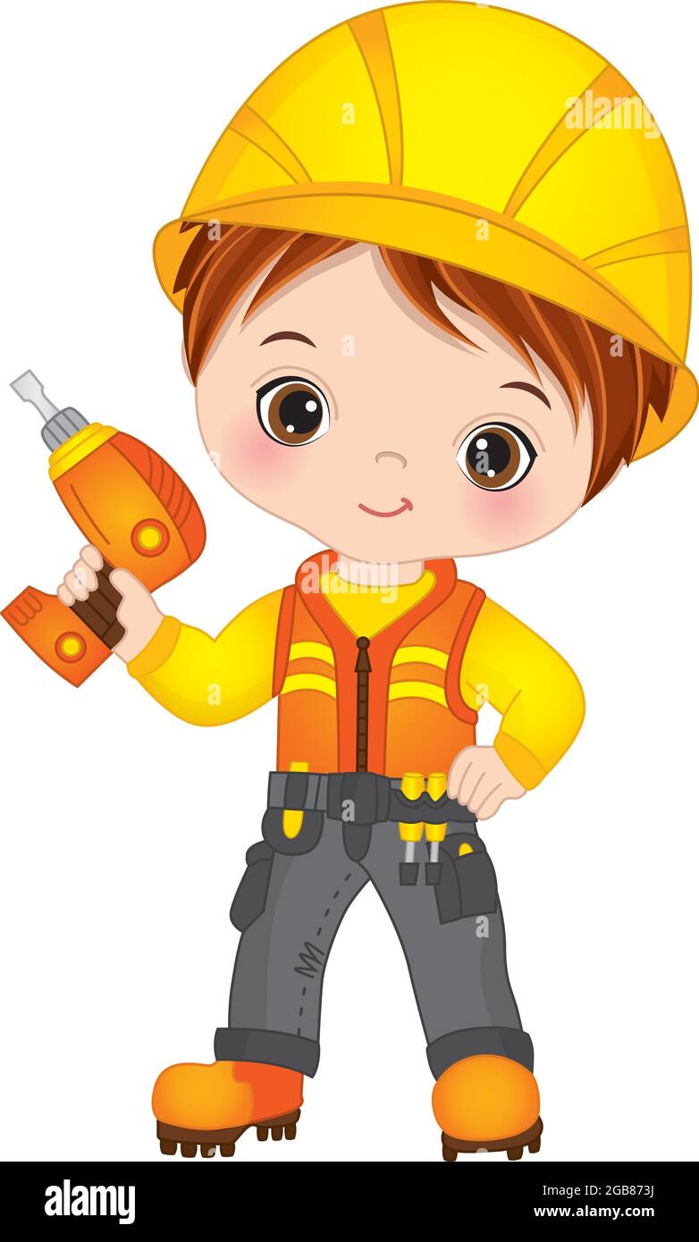 Cute Little Boy Holding Drill. Vector Little Builder Stock Vector Image & Art - Alamy
