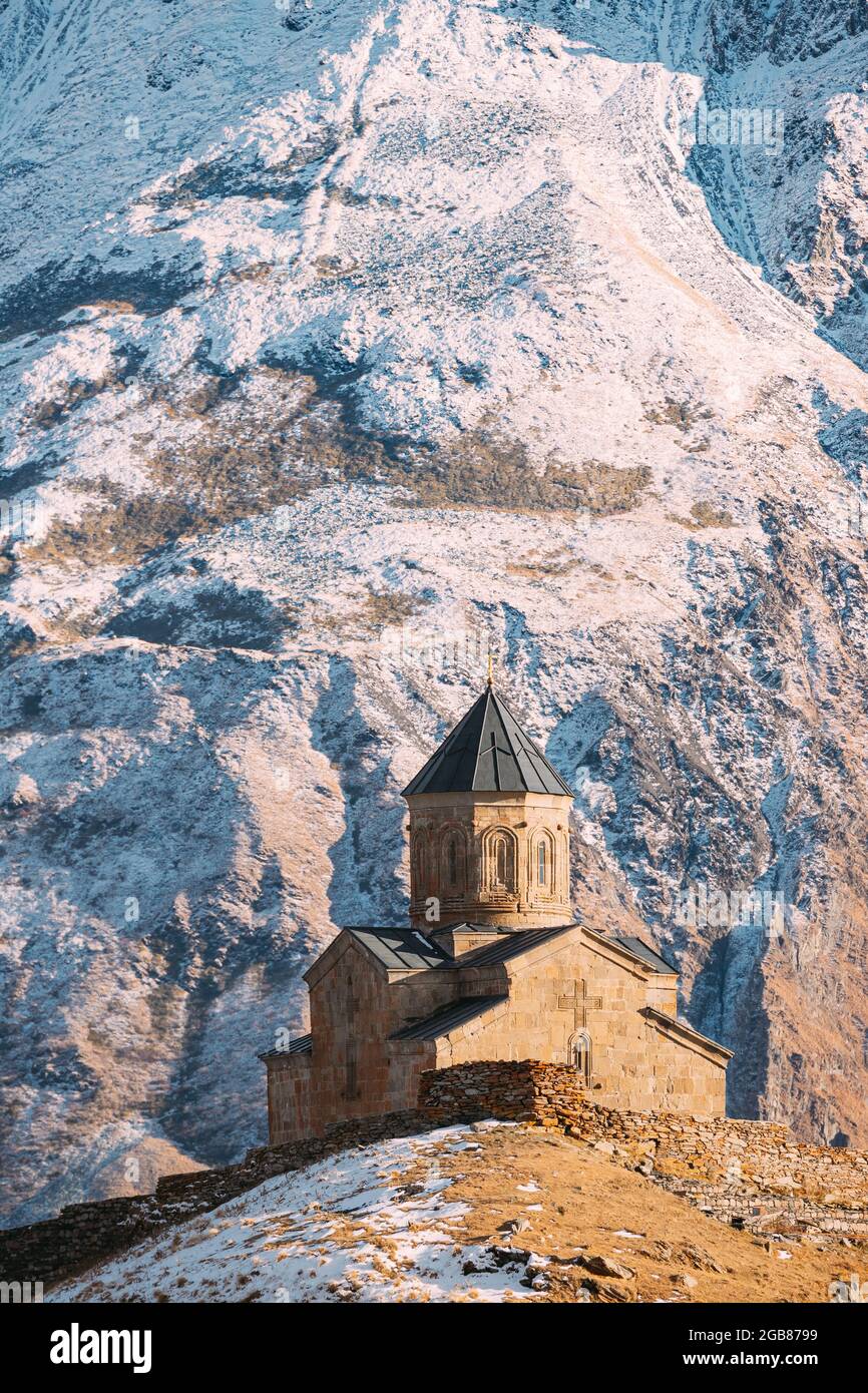 Stepantsminda, Georgia. Famous Popular Landmark Gergeti Trinity Tsminda ...