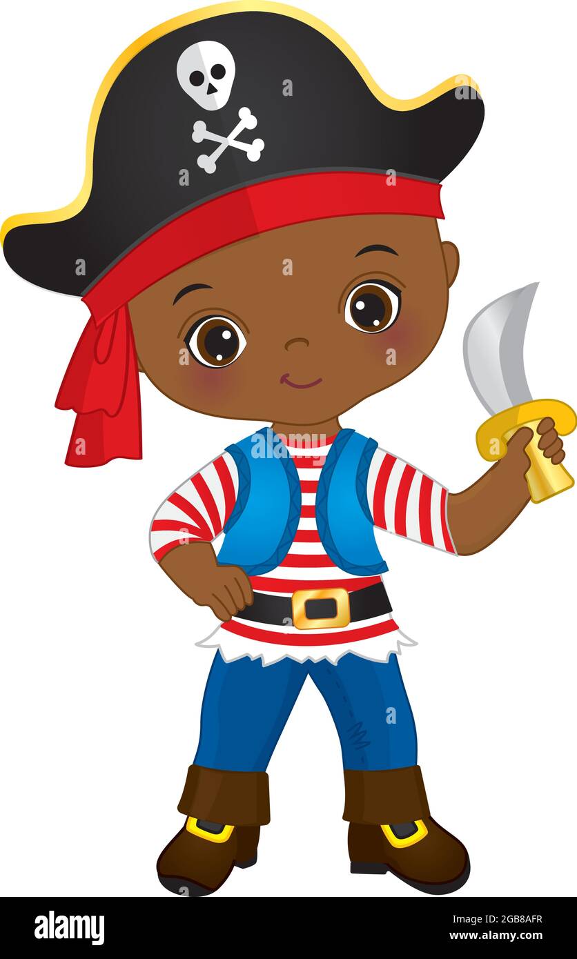 Cute Little African American Pirate Wearing Hat with Skull. Vector ...