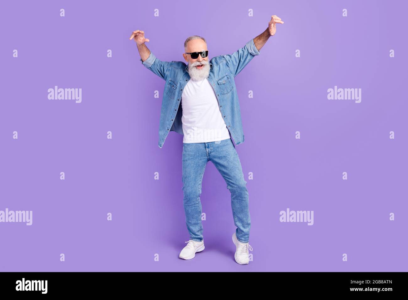 Full body photo of aged man happy positive smile have fun dance party ...