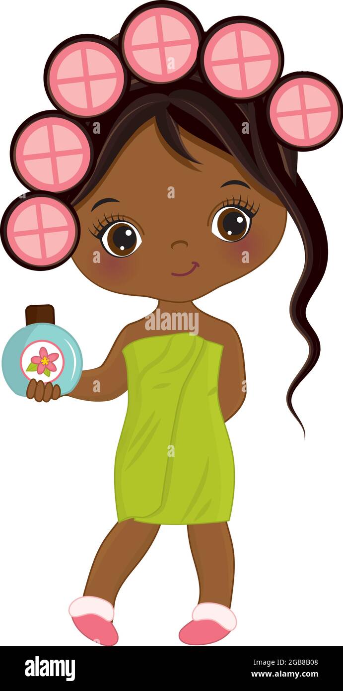 Vector Little African American Girl Wrapping in Towel and Curling the ...