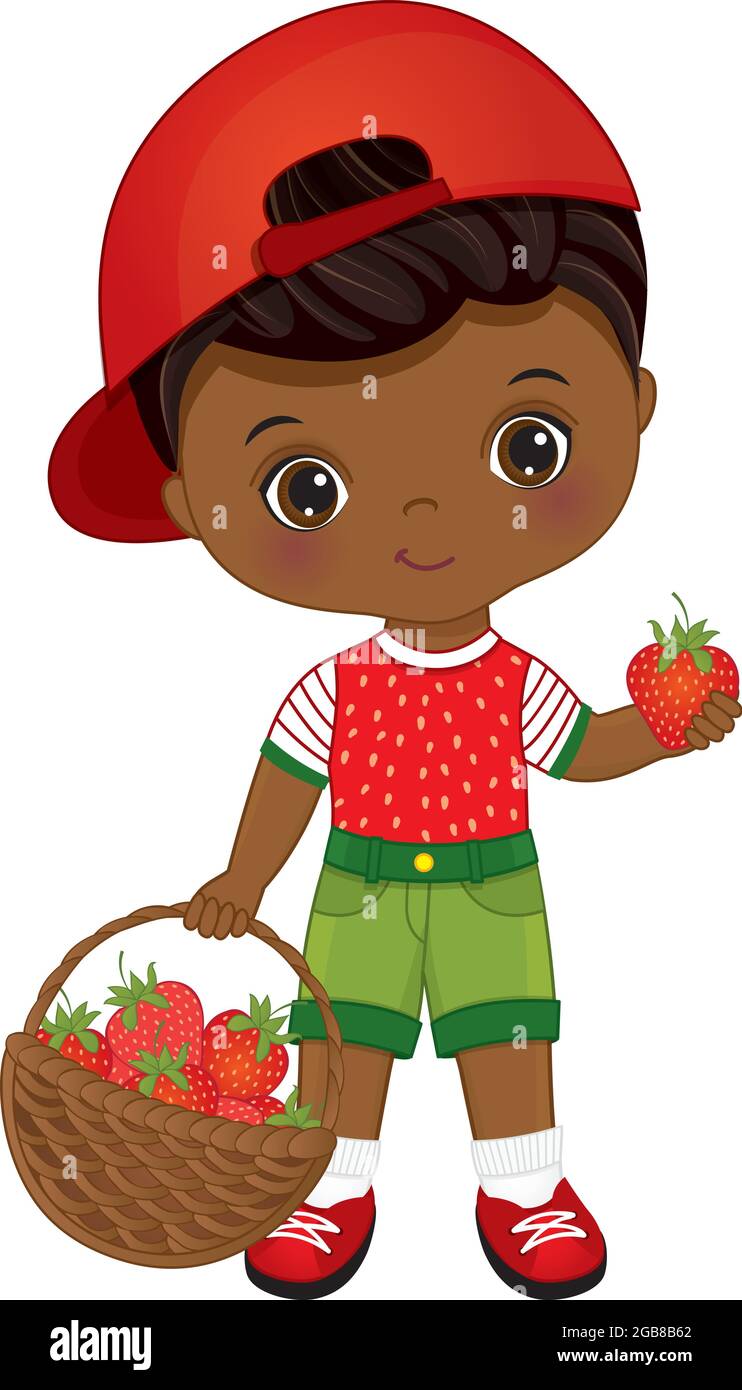 Cute African American Little Boy Carrying Basket of Strawberries ...