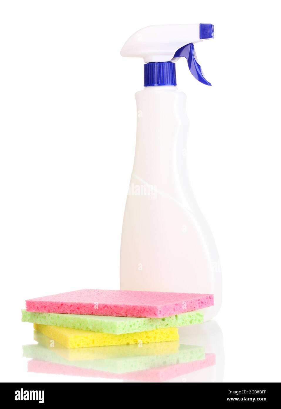Cellulose sponges and spray isolated on white Stock Photo - Alamy
