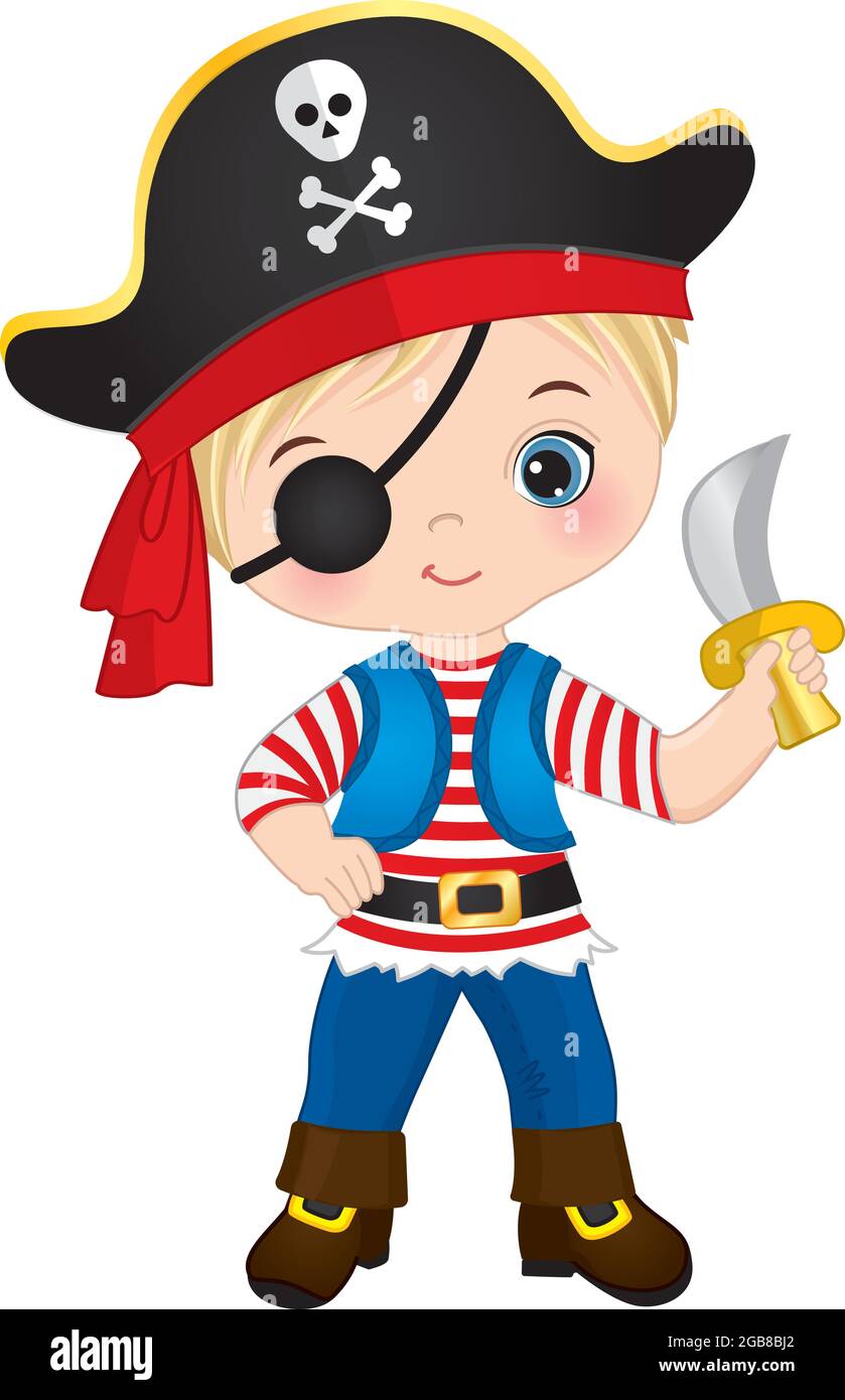 Cute Little Pirate Wearing Eye Patch and Hat with Skull. Vector Pirate ...