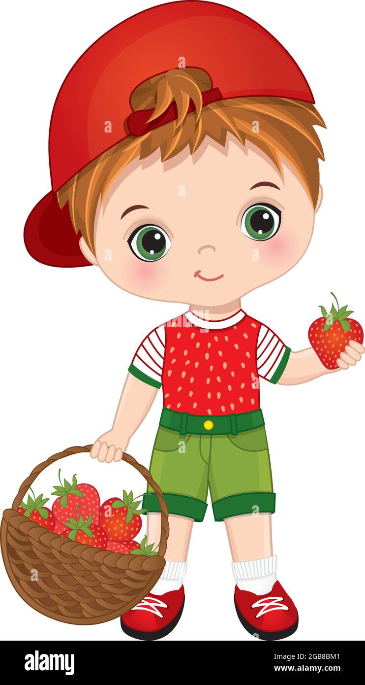 Cute Little Boy with Basket of Strawberries. Vector Boy with ...
