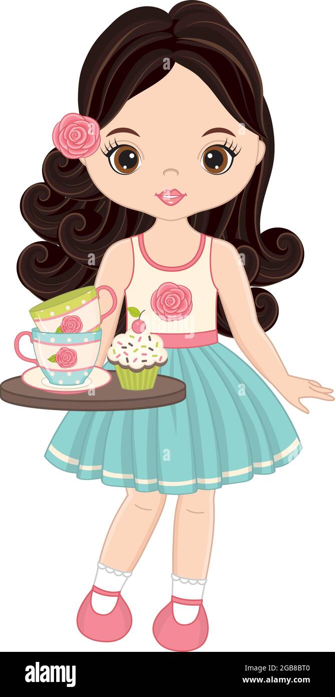 Vector Beautiful Young Girl Holding Tray With Tea Cups And Cupcake