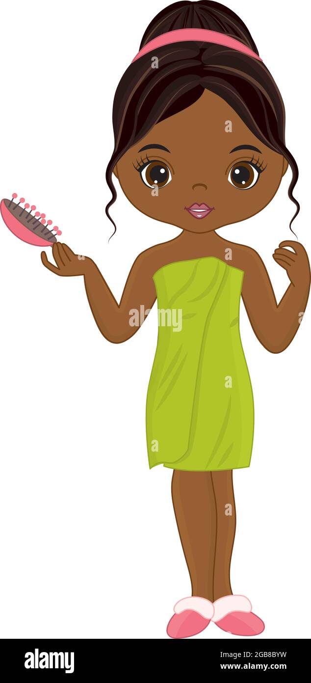 Cute Spa Black Girl Wrapped in Towel and Holding Hair Brush. Vector Spa ...
