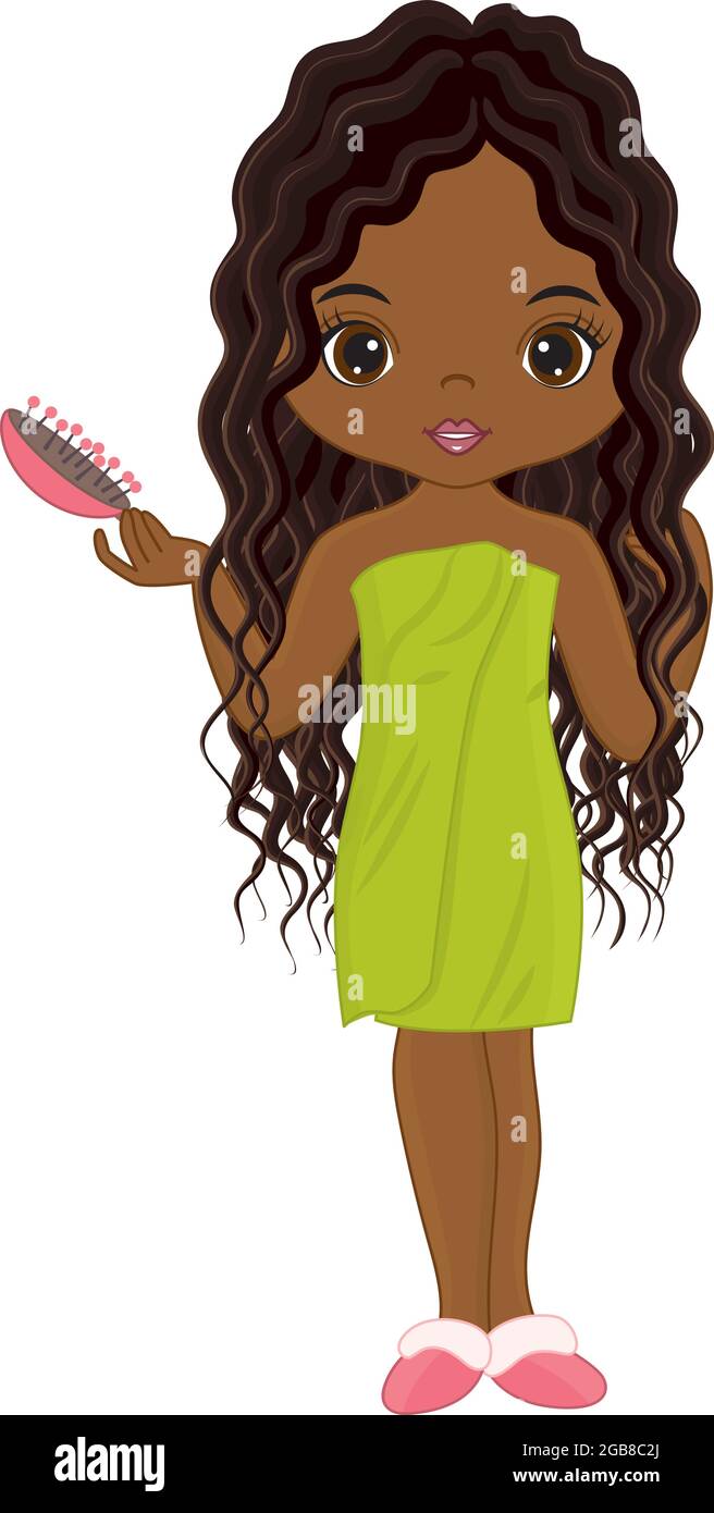 Cute Spa Black Girl Wrapped in Towel and Holding Hair Brush. Vector Spa ...
