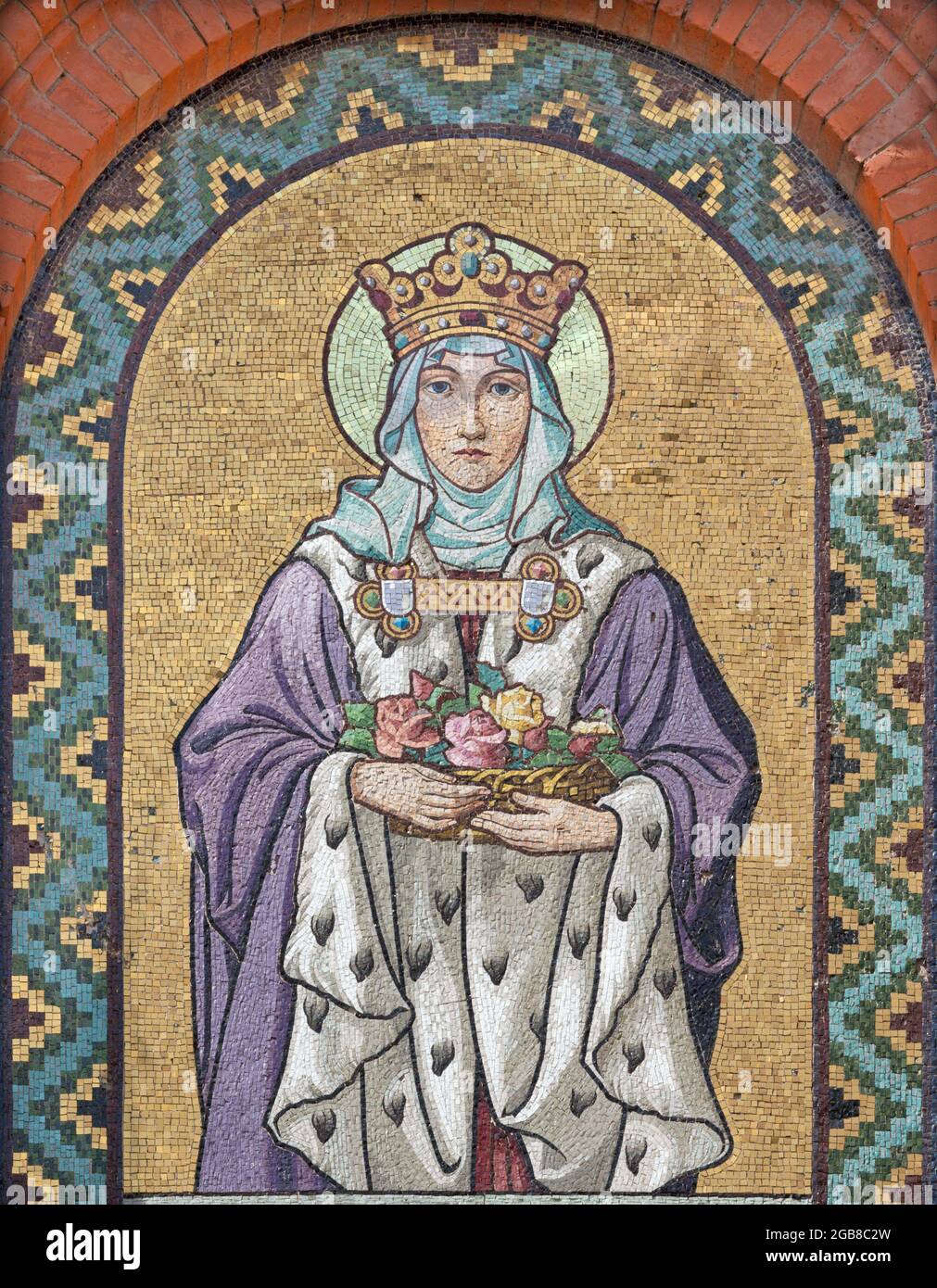 VIENNA, AUSTIRA - JULI 5, 2021: The mosaic of St. Elizabeth of Hungary ...