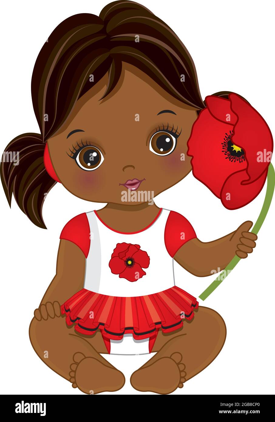 Cute African American Baby Girl Holding Poppy. Vector Baby Girl with ...