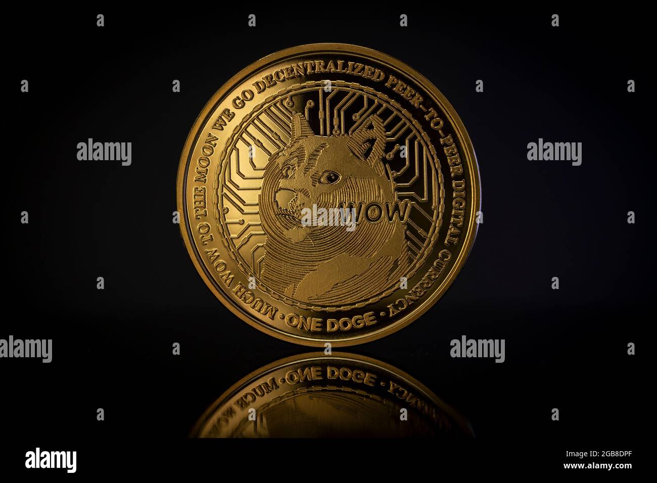 DOGE Cryptocurrency physical coin placed on reflective surface in the ...