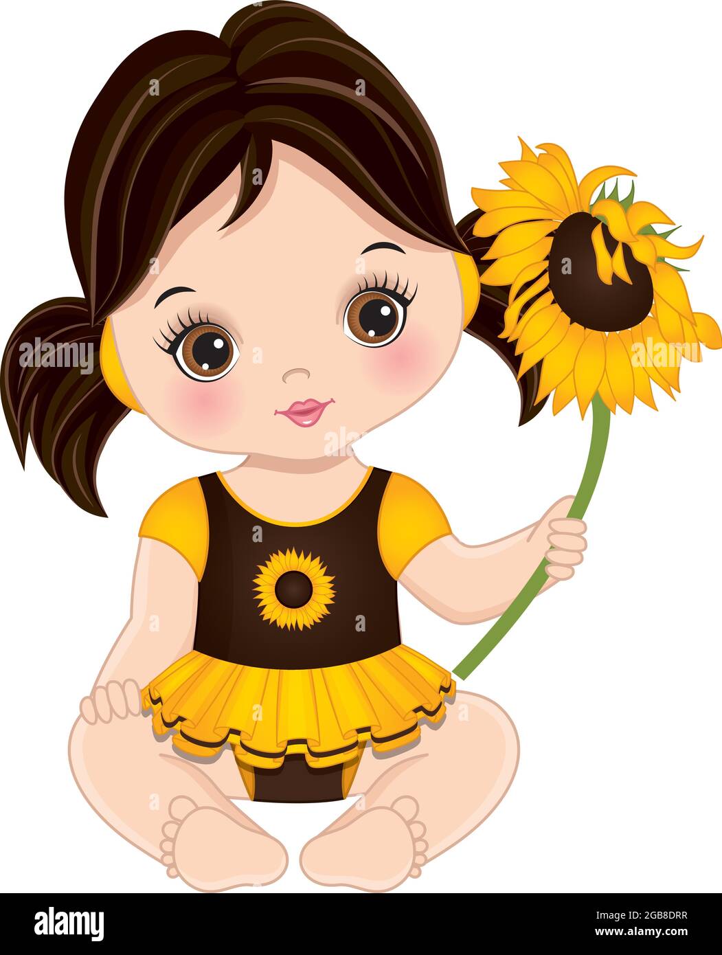 Cute Dark-Haired Baby Girl Holding Sunflower. Vector Baby Girl with ...