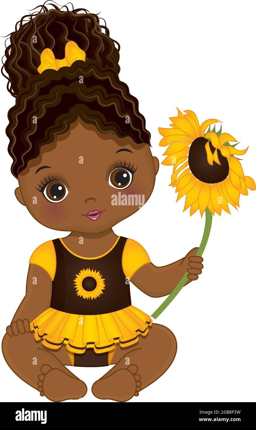 Cute African American Baby Girl Holding Sunflower. Vector Black Baby ...