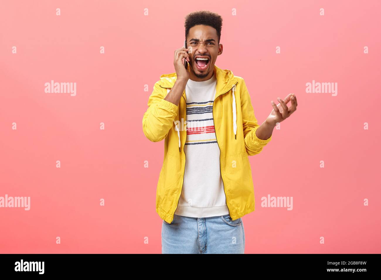 Guy fighting having rough argument with girlfriend via phone call ...