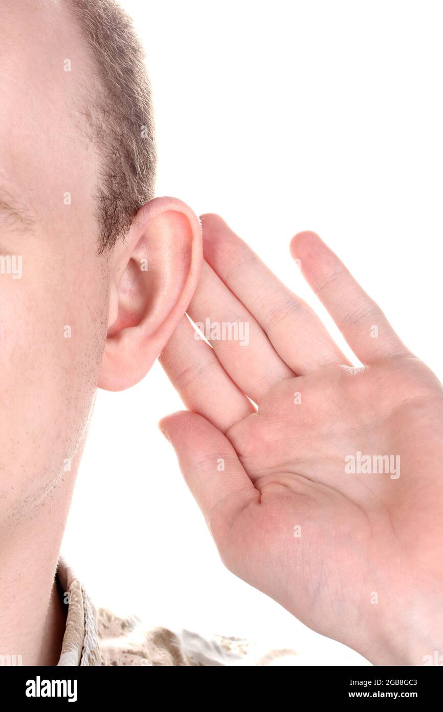 Human ear and hand close-up isolated on white Stock Photo - Alamy