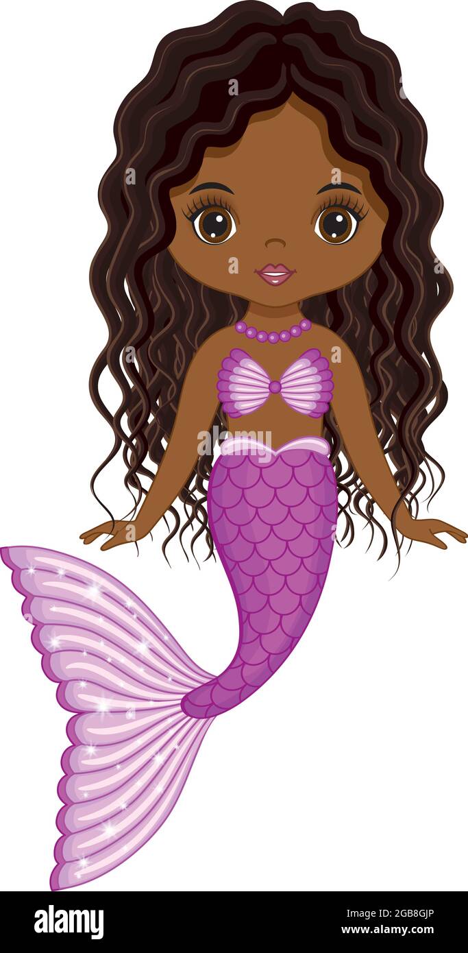 Beautiful African American Mermaid with Purple Fishtail and Long Curly ...