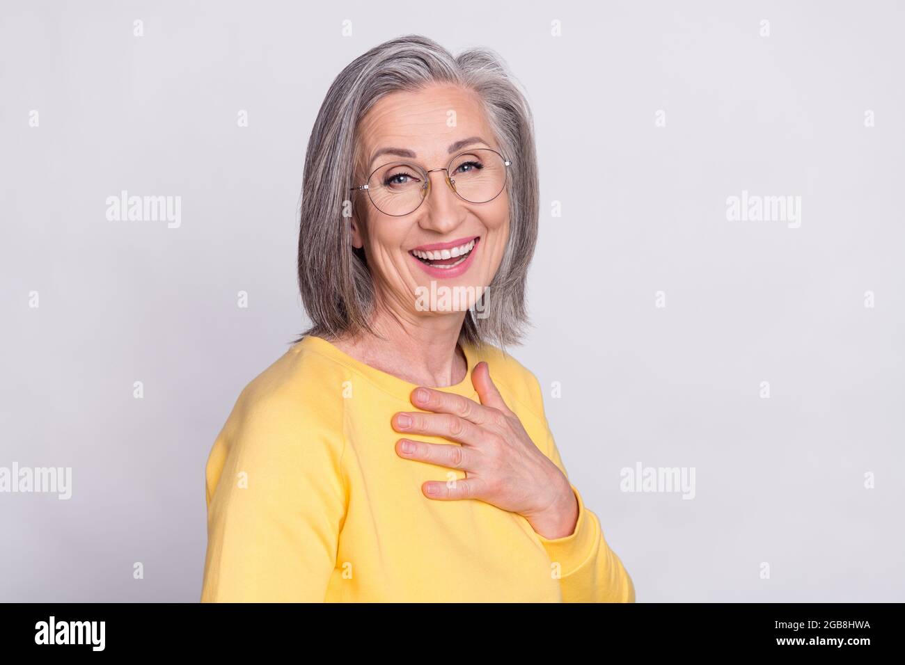 Photo Of Happy Cheerful Good Mood Funky Mature Woman Laughing Hear