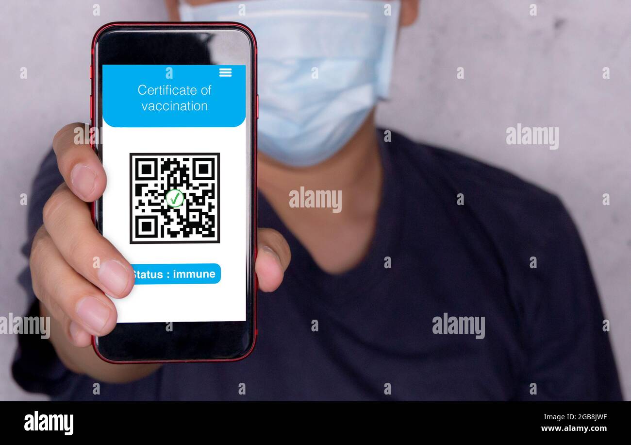 Certificate of vaccination Covid-19, man holding smartphone showing ...