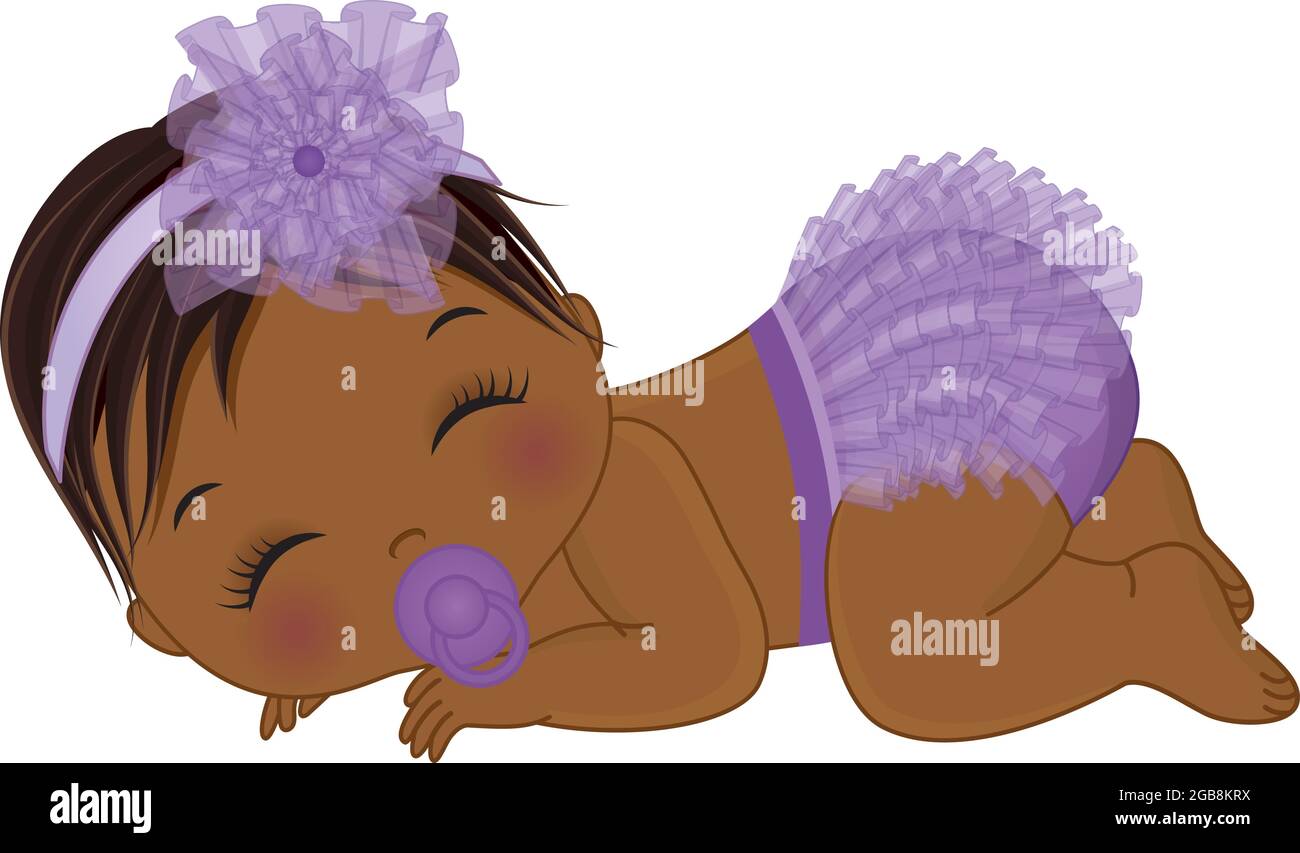 African American Baby Girl Wearing Purple Ruffled Diaper. Vector Black ...