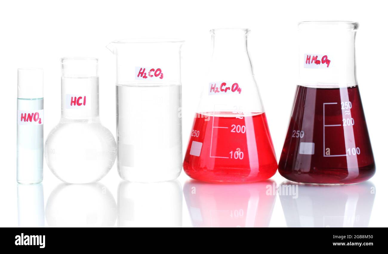 Test-tubes with various acids on blue background Stock Photo - Alamy