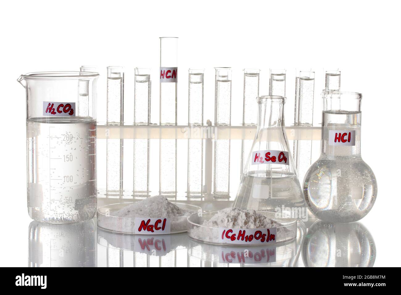 Test-tubes with various acids and chemicals isolated on white Stock ...