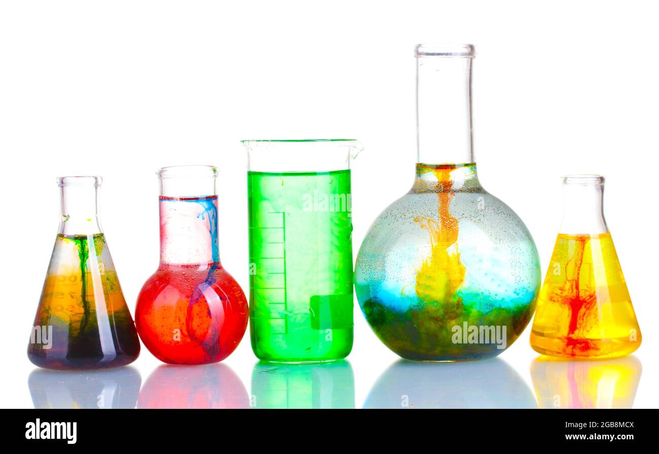 brightly ink in a flask with water isolated on white Stock Photo - Alamy