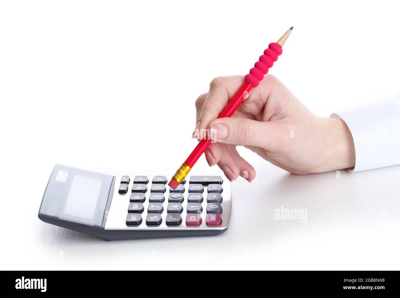 women hand and Calculator isolated on white Stock Photo - Alamy