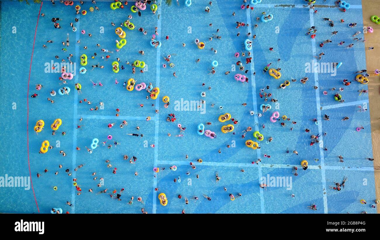 SUZHOU, CHINA - JULY 31, 2021 - Aerial photo shows tourists visiting a ...