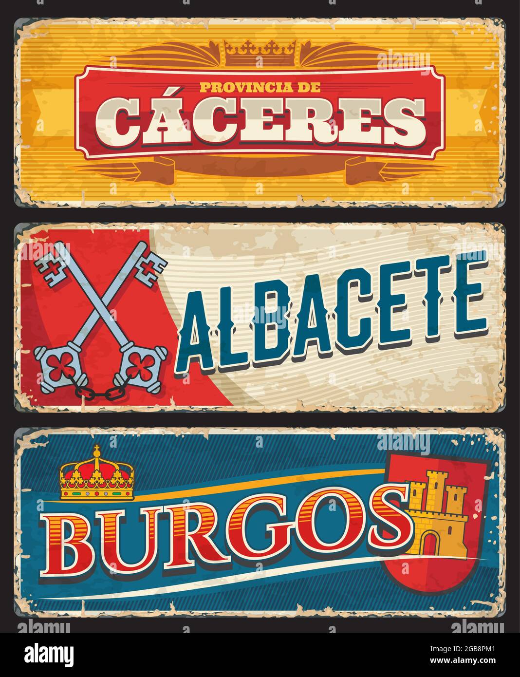 Caceres, Albacete and Burgos Spanish provinces tin signs. Spain regions ...