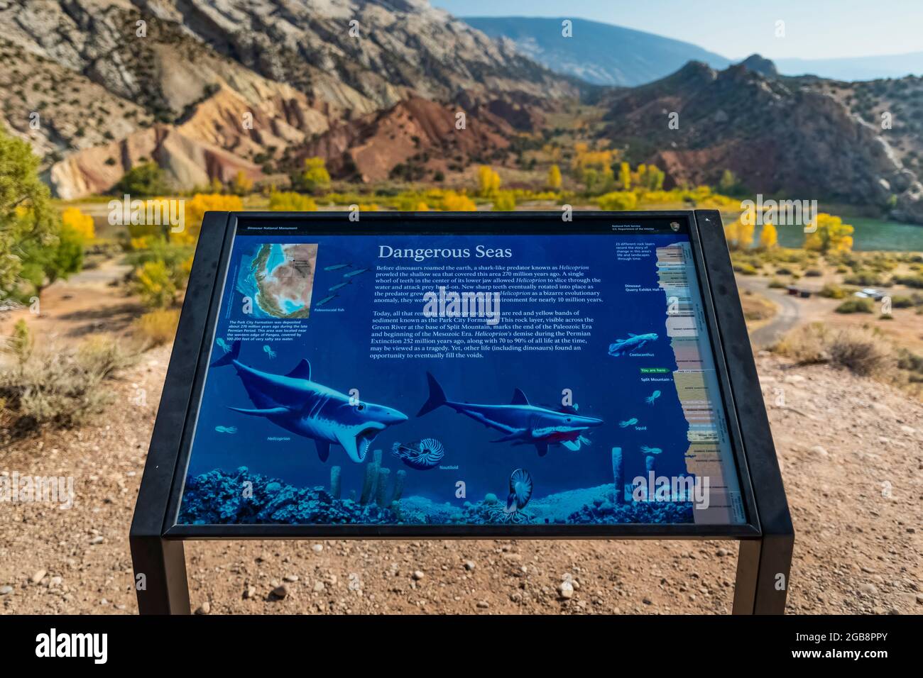 Interpretive sign about Helicoprion, an ancient shark-like predator ...